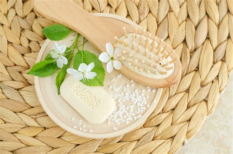 비누 목욕 소금 및 나무 헤어 브러시 친환경 세면 용품 세트 자연 미용 치료 피부 관리 또는 제로 웨이스트 개념 평면도 복사