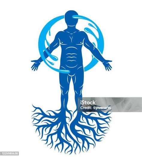 근육 질의 인간의 벡터 그래픽 그림 나무 뿌리로 만든 물 공에 둘러싸여 개별 바디 클렌징 아이디어 대체 의학 테마 그림 0명에