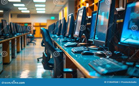 empty computer lab with rows of desks and computers in school daytime