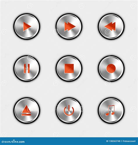 Media Player Control Icon Set Silver Metallic Vector Illustration Isolated On White