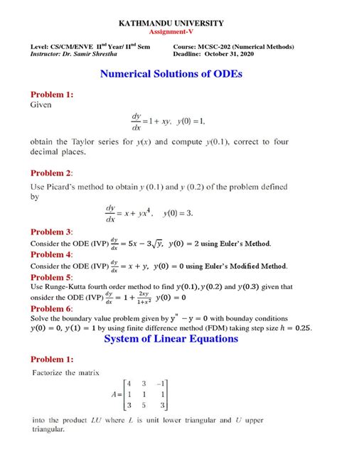 Numerical Solutions Of Odes Problem 1 Pdf