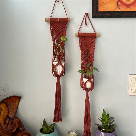 Brown Macrame Plant Holder Set Of 2 Pots And Planters By Sarmaya