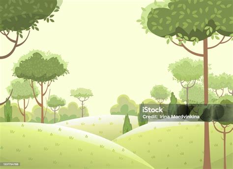 시골 의 아름다운 풍경 만화 스타일 잔디와 숲 나무 언덕 무성한 초원 시원한 로맨틱 한 아름다움 플랫 디자인 일러스트레이션 벡터 아트 0명에 대한 스톡 벡터 아트 및 기타