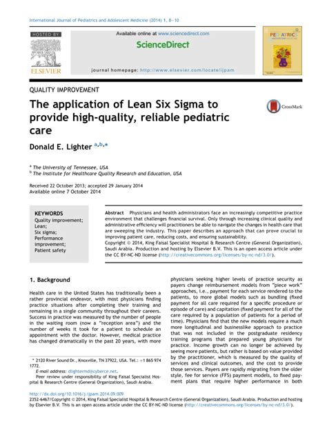 Pdf The Application Of Lean Six Sigma To Provide High Quality Reliable Pediatric Care