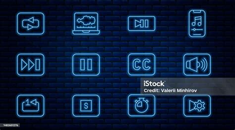 라인 음악 또는 비디오 설정 스피커 볼륨 일시 정지 버튼 빨리 감기 반복 자막 및 사운드 오디오 레코더 아이콘을 지정합니다 벡터 계시기에 대한 스톡 벡터 아트 및 기타