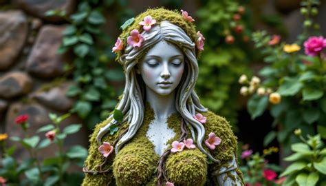 A Moss Covered Statue Of A Woman With Vines And Flowers Growing Over