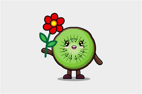 Cute Cartoon Kiwi Fruit Character Hold Red Flower 13968186 Vector Art