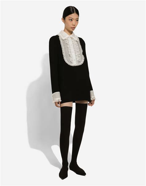 Short Wool Crepe Dress With Organza Shirt Front In Black For Women