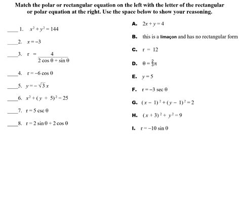 Solved Match The Polar Or Rectangular Equation On The Left Chegg Com