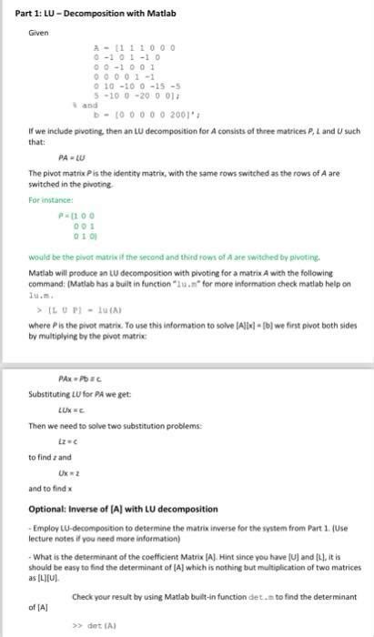 Solved Part 1 LU Decomposition With Matiab Given A 111000 Chegg