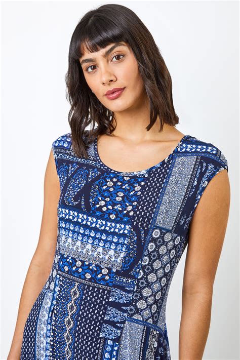 Patchwork Stretch Hanky Hem Dress In Navy Roman Originals Uk