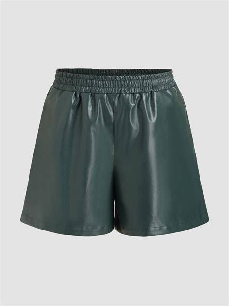 Solid Pu Leather High Waist Pleated Shorts Curve And Plus For School Work