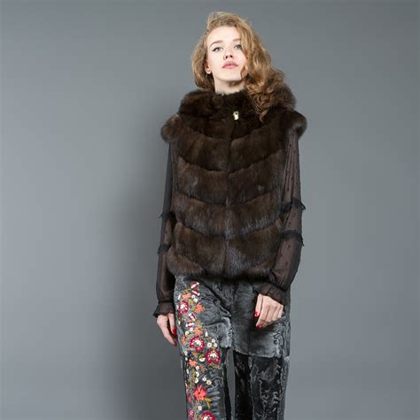 Dark Brown Russian Sable Fur Vest With Hood For Women Fur Caravan