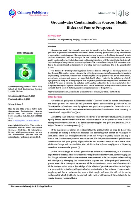 Pdf Groundwater Contamination Sources Healthrisks And Future Prospects