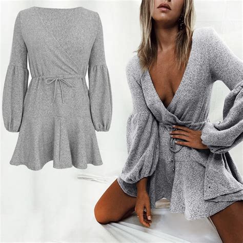 Fashion Sexy Deep V Neck Puff Sleeve Spring Autumn Mini Dress Women