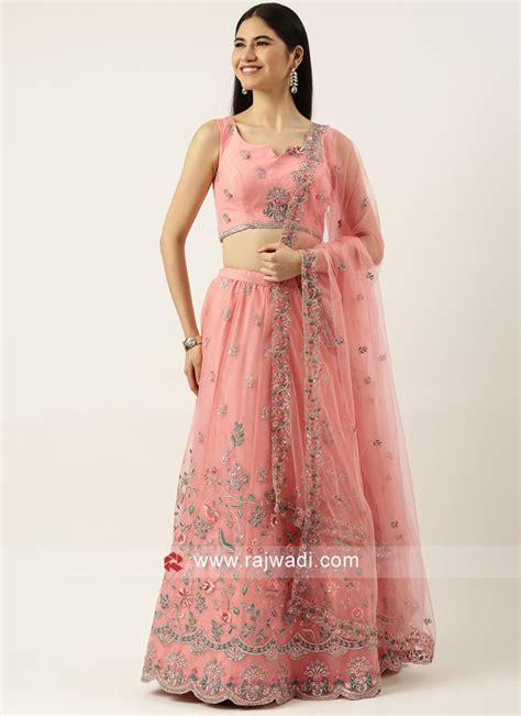 Embroidered Peach Lehenga Choli In Net