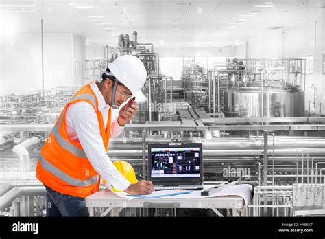 Industrial Engineer Checking Machine Status With Laptop Computer Stock