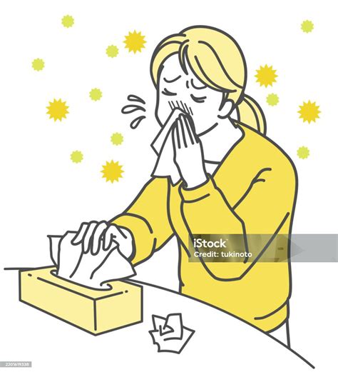 콧물을 멈출 수 없어 꽃가루 알레르기 때문에 코를 푸는 여성의 일러스트 감기바이러스에 대한 스톡 벡터 아트 및 기타 이미지