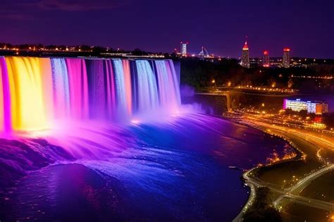 Cataratas del niágara iluminadas por la noche con luces de colores y
