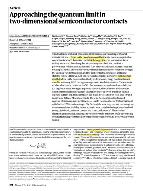 Nature Approaching The Quantum Limit In Two Dimensional Semiconductor Contacts Pdf