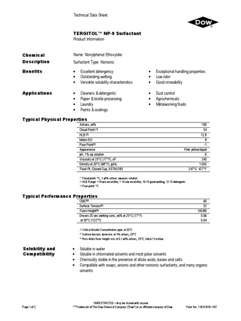 Tergitol Np9 Surfactant Tds Pdf Surfactant Materials
