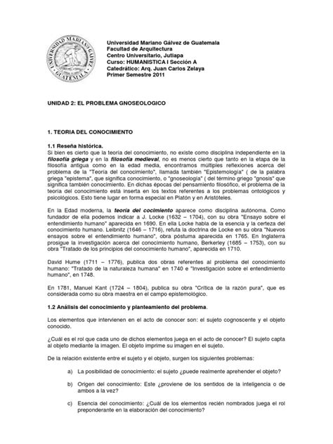 El Problema Gnoseológico En La Modernidad Unidad 2 Pdf Conocimiento Verdad