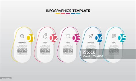 비즈니스 인포그래픽 템플릿 프로세스에는 간단한 기하학 정사각형 직사각형 원형 삼각형 가는 선 아이콘과 5개의 옵션 또는 단계가 있는 평면 디자인 템플릿의 곡선이 있습니다
