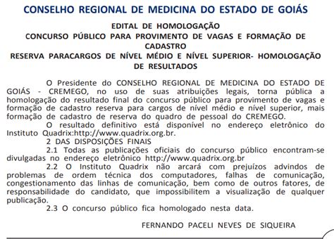 Concurso CREMEGO Resultado Final Homologado Veja