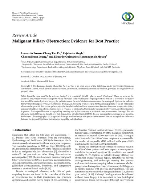 Pdf Malignant Biliary Obstruction Evidence For Best Practice