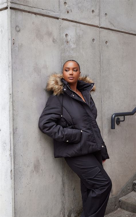 Plus Black Faux Fur Hooded Puffer Coat Prettylittlething Qa