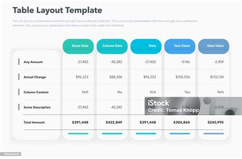 Table Layout Template With Five Options And A Total Amount Row Stock