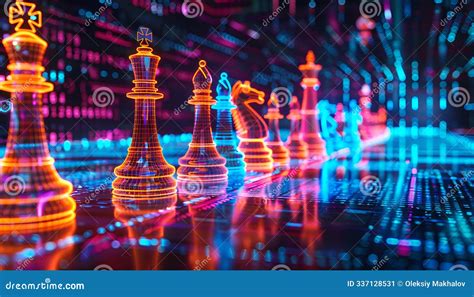 chess pieces on board in neon lights circuit board pattern and binary