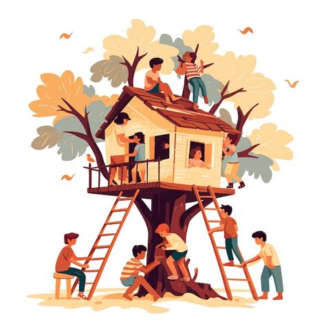 Premium Vector People Building Tree House On Tree Trunk