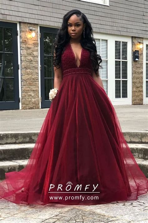 Maroon Lace And Tulle Empire Long Prom Dress Promfy