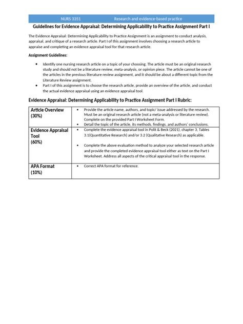 Guidelines For Evidence Appraisal Determining Applicability To Practice Assignment Part I Pdf