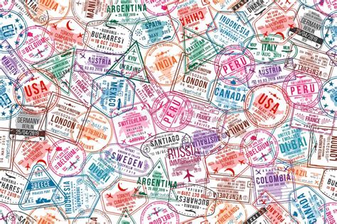 Passport Stamp Seamless Pattern International Arrivals Sign Rubber