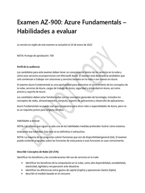 Az900 Azure Fundamentals Habilidades A Evaluar Pdf Computación En