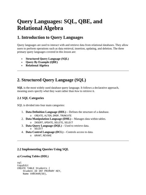Query Languages Pdf Sql Relational Model