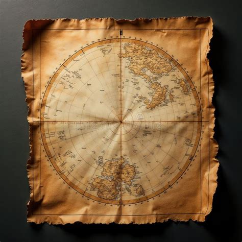Aged Circular Map With Polar Projection And Burnt Edges Stock