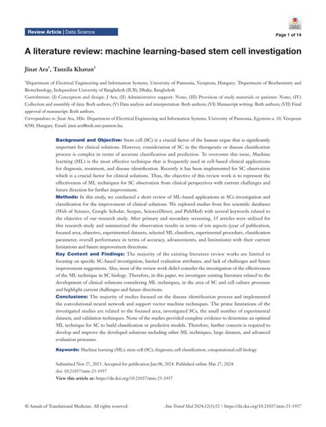 pdf a literature review machine learning based stem cell investigation