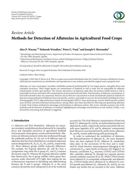 Methods For Detection Of Aflatoxins In Agricultural Food Crops PDF Chemistry Science