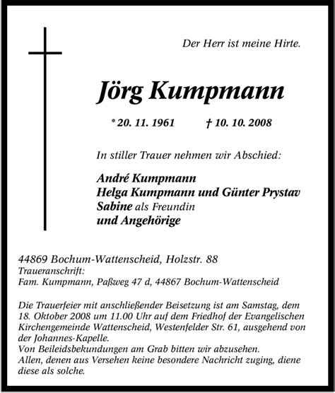 Trauer und Todesanzeigen von Jörg Kumpmann Trauer de