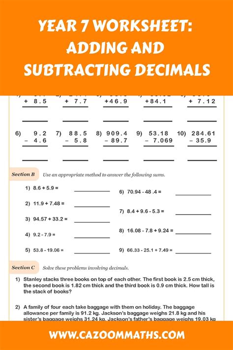 Year 7 Worksheet Adding And Subtracting Decimals