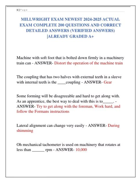 Millwright Exam Newest Actual Exam Complete 200 Questions And Correct