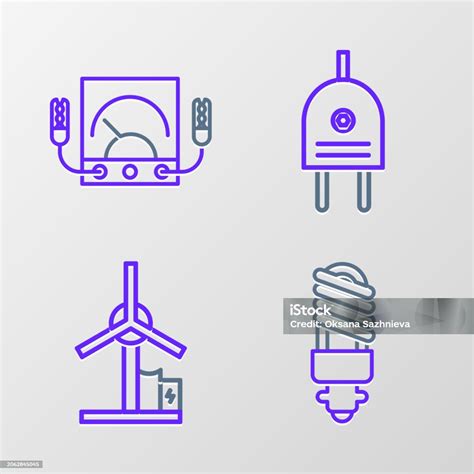라인 Led 전구 풍력 터빈 전기 플러그 및 암페어 미터 멀티 미터 전압계 아이콘을 설정합니다 벡터 0명에 대한 스톡 벡터 아트 및 기타 이미지 Istock