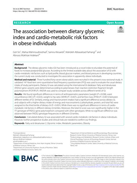 Pdf The Association Between Dietary Glycemic Index And Cardio Metabolic Risk Factors In Obese
