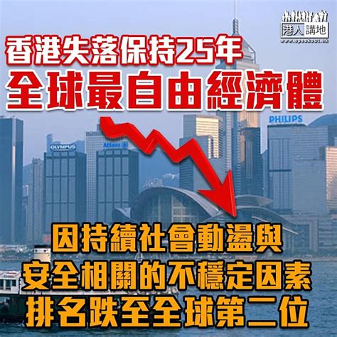 【社會動盪】黑暴運動不斷，香港失落保持了25年的全球最自由經濟體之名。公布排名的美國傳統基金會指，持續社會動盪和與安全相關的不穩定因素，削弱本