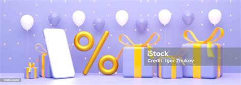 선물 상자 백분율 기호 전화 조명 파란색 배경에 공기 공이있는 웹 배너 크리스마스와 새해 판매 3d 렌더링 입체 이미지에 대한 스톡 사진 및 기타 이미지 Istock