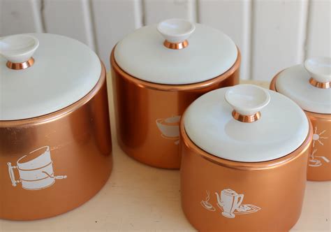 Copper And White Vintage Metal Canister Set By Mirro Retro Mid Century Kitchen Decor