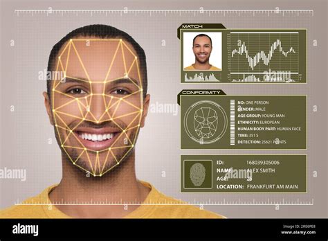 Facial Recognition System Man With Digital Biometric Grid And Personal Data On Grey Background
